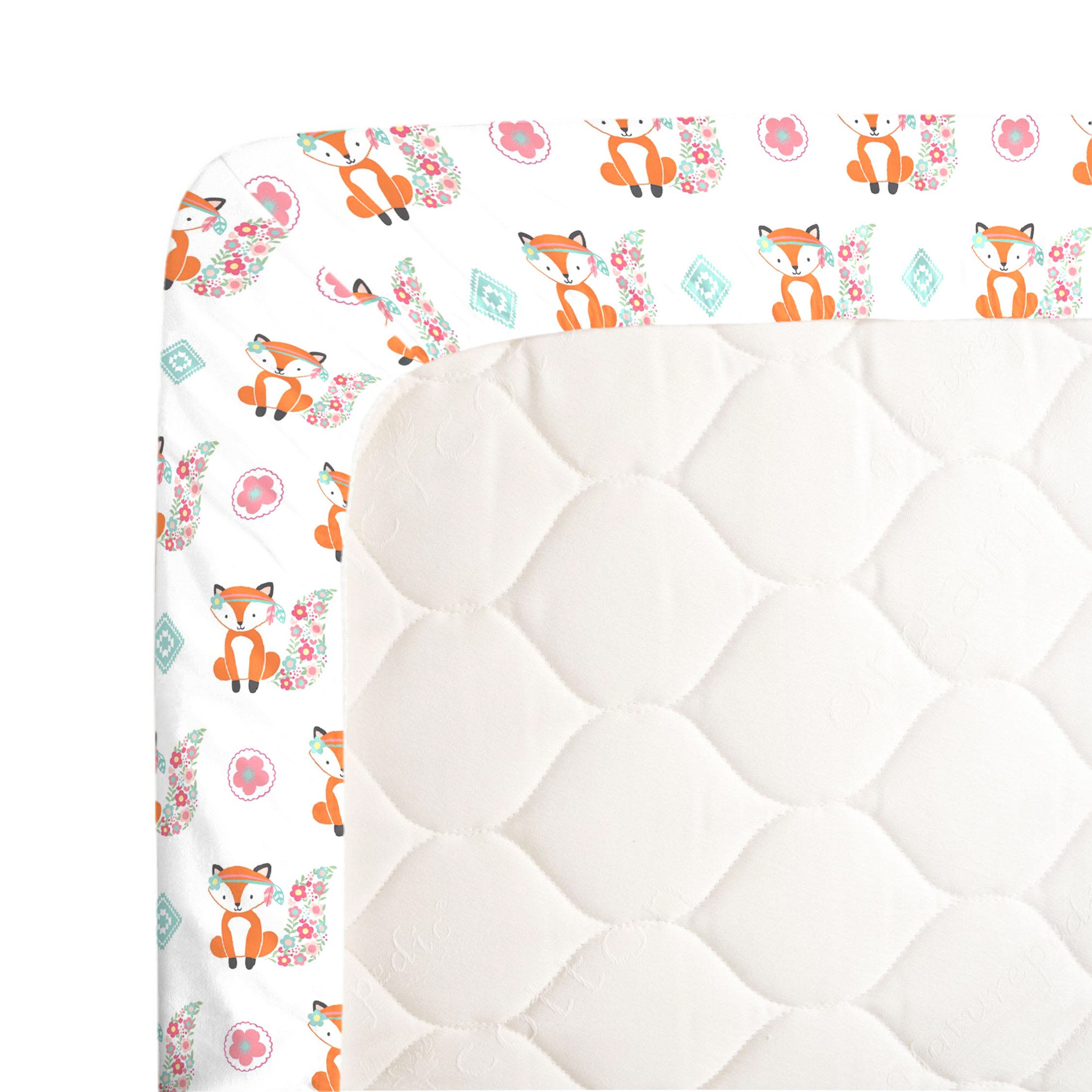 NoJo Aztec Mix & Match 100% Cotton Teal Floral Fox Fitted Crib Sheet, Pink, Orange, Aqua, White