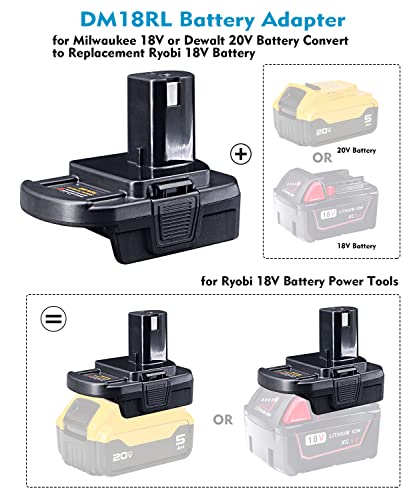 Garystat Battery Adapter DM18RL, Compatible for Dewalt 20V & Milwaukee M18 18V Lithium Battery Convert to for Ryobi 18V P108 ABP1801 Battery for Ryobi 18V Cordless Tools, with USB Port