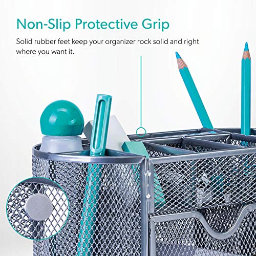 Mindspace Office Desk Organizer with 8 Compartments + Drawer | Desk Caddy Pen Holder For Office Accessories | The Mesh Collection, Silver