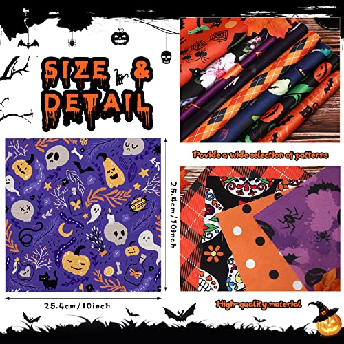 60 Pcs 10 x 10 Inch Halloween Fabric Polyester Fabric Bundle Fat Quarters Bat Pumpkin Ghost Skull Print Fabric Squares Holiday Quilting Fabric for DIY Decorations Sewing Craft, 30 Styles (Ghost)