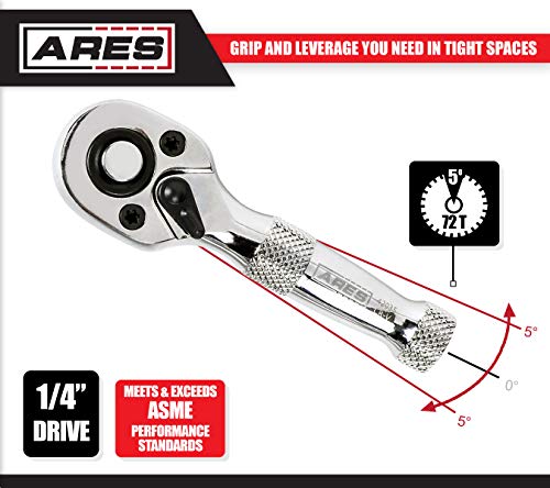 ARES 42035-1/4-Inch Drive 72-Tooth Stubby Ratchet - Chrome Vanadium Steel Construction and Mirror Polish Finish - 3.35-Inch Length - Quick Release Reversible Head