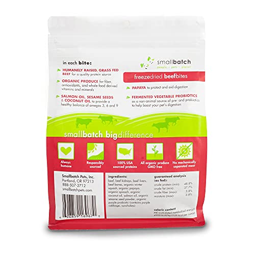 Smallbatch Pets Freeze-Dried Beef Bites for Dogs & Cats, 7 oz, Made in The USA, Organic Produce, Humanely Sourced Meat, Single Source Protein, Mixer & Topper, Healthy, with Papaya and Probiotics