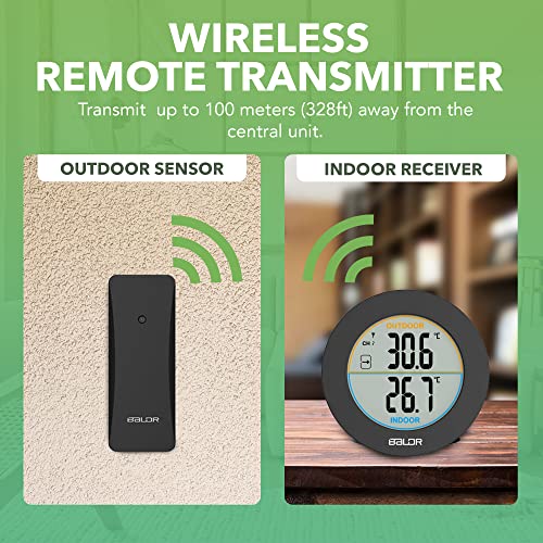 BALDR Wireless Indoor/Outdoor Thermometer - Surface or Wall Mounted Temperature Monitor, 2.5β LCD Display Thermometer with Min/Max Records & Trend Arrows Sign - Portable Home Weather Station (Black)