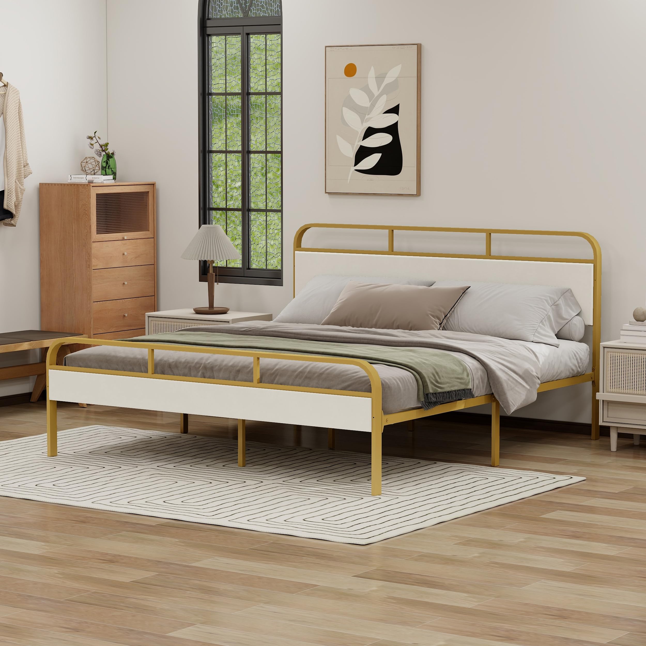 alazyhome Modern King Size Bed Frame, Metal Platform Bed with Velvet Upholstered Headboard, Steel Slats Support, Noise Free, Under-Bed Storage, Easy Assembly, Gold