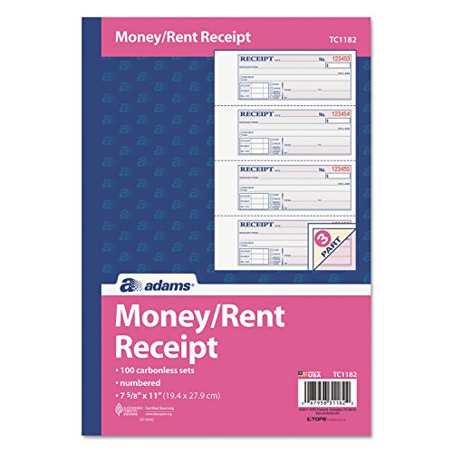 Adams TC1182 Receipt Book, 7 5/8 x 11, Three-Part Carbonless, 100 Forms