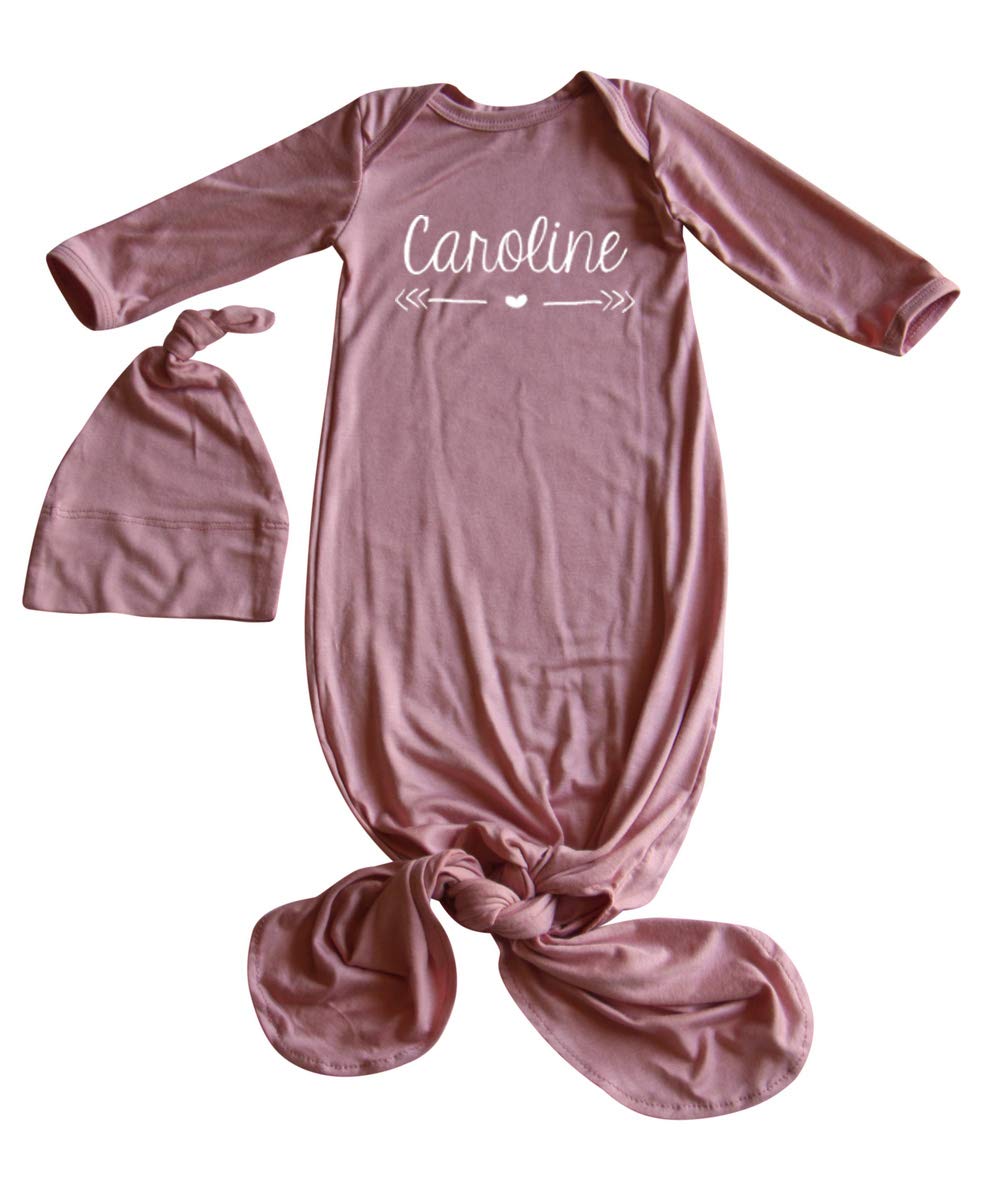 Silky Knotted Baby Gown with Knotted Hat, Unisex, Boys, & Girls, Infant Sleeper-Personalized with Name-Heart and Arrow (0-3 months, Silky Dusty Rose)