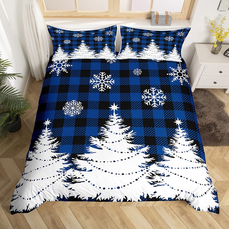 Christmas Kids Bedding Set White Christmas Tree Bedding Duvet Cover Set for Boys Girls Decor Snowflake Comforter Cover Set Blue Black Buffalo Check Bedspread Cover Bedroom Quilt Cover 3Pcs Full Size