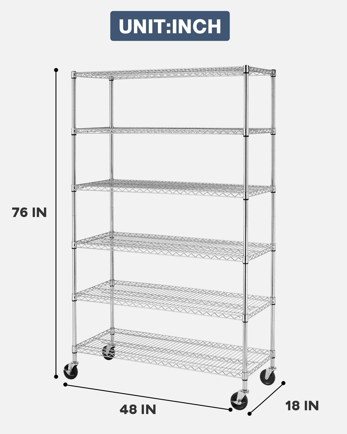 BestMassage with Wheels 6 Adjustable Heavy Duty Metal Shelves Storage Unit Shelf,6000 LBS 18x48x76, Chrome