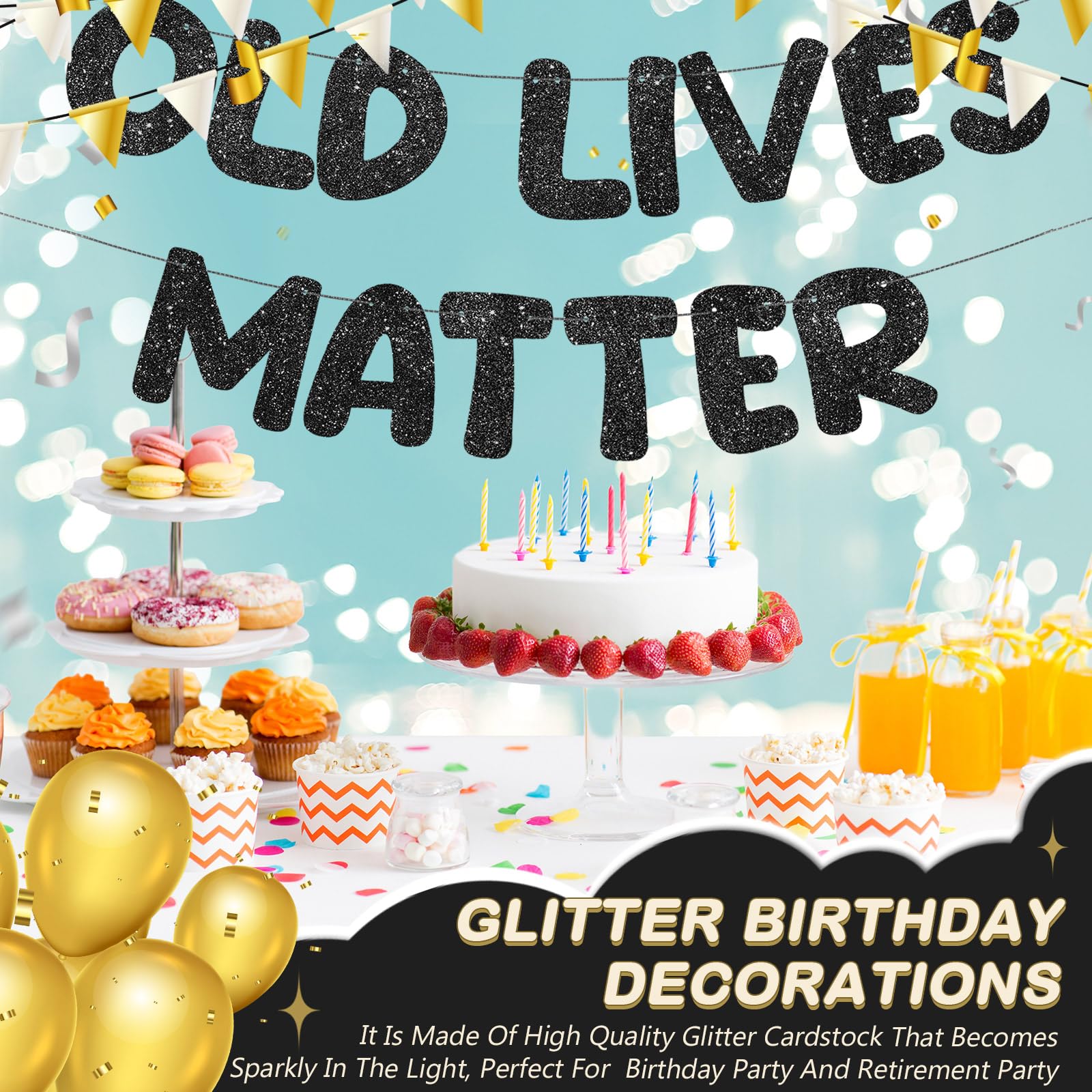 Fulmoon Pre Strung Old Lives Matter Banner 6.56 ft Funny Birthday Retirement Party Decorations 80th 70th 60th 50th Retirement Party Garland Bunting Decorations for Men Women (Glitter Black)