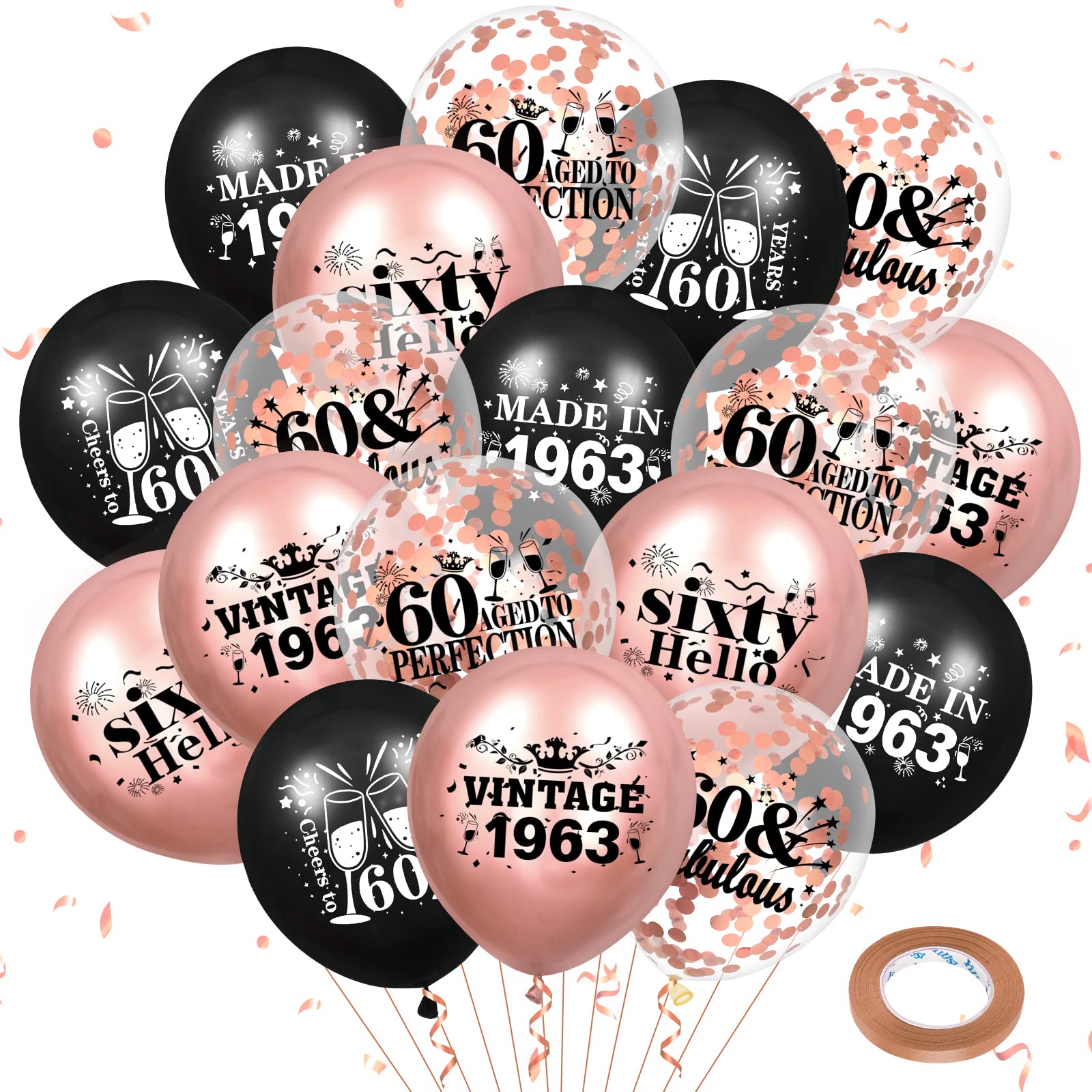 60th Birthday Balloons 18Pcs Rose Gold and Black 1963 Balloons Party Decorations 12 inch Confetti Latex Balloons Birthday Party Supplies for Women Vintage Balloons for 60th Birthday Anniversary Party