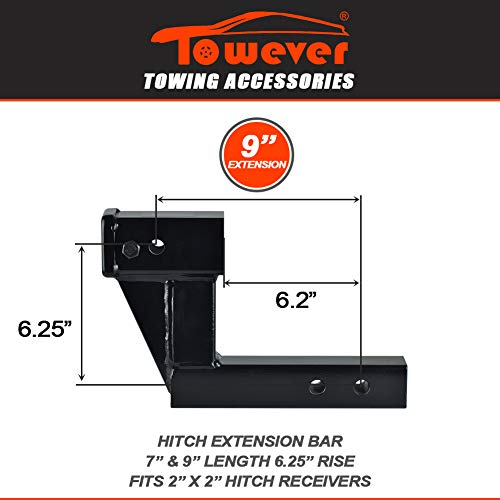 Towever 84123 Trailer Hitch Extender with 6.25" Drop/Rise, 9" Extension, Hitch Riser Solid Tube (GTW/TW 5000/500 LBS)