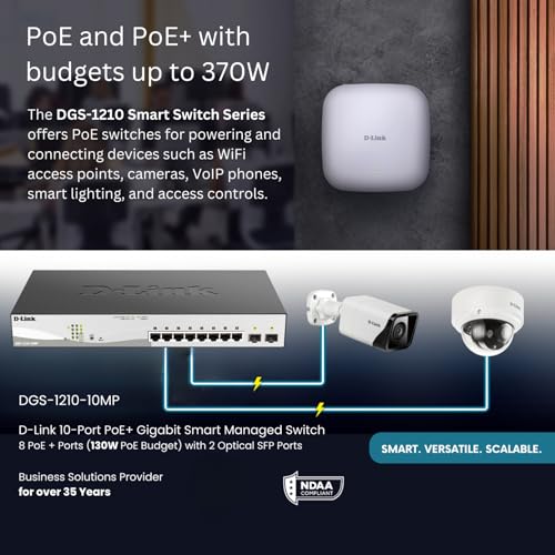 D-Link 10-Port Gigabit Smart Managed PoE+ Switch | 8 PoE+ Ports (130W) + 2 SFP Ports | L2+ | VLANs | Web Managed | Surveillance Mode | Desktop or Rackmount | Fanless | NDAA Compliant (DGS-1210-10MP)
