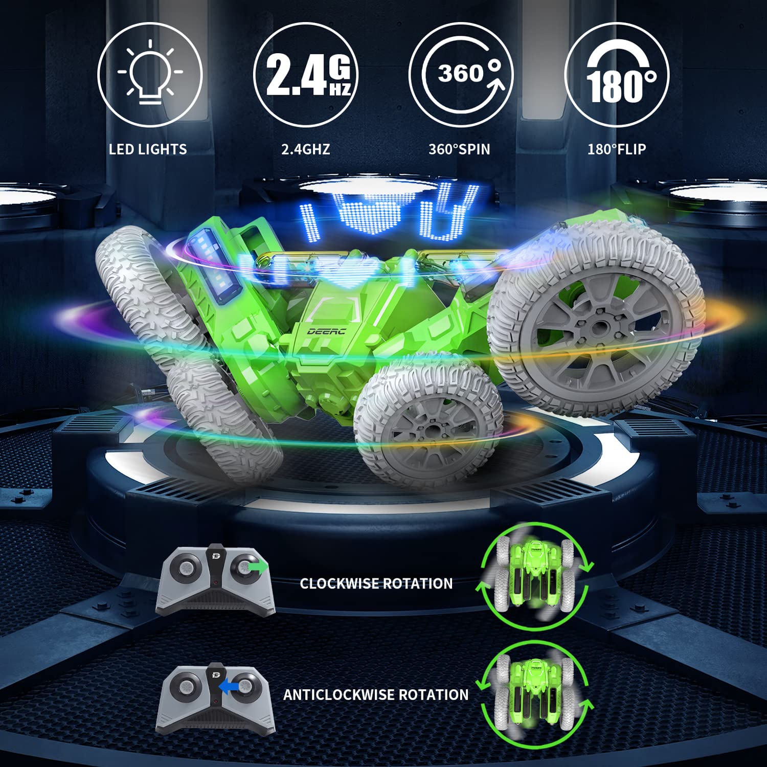 DEERC RC Stunt Car W/Flashing Lights,360 Degrees Tumbling & Rotating W/Novelty Luminous Words,4WD Drift High Speed RC Car,2 Sided Remote Control Car for Boys, 2.4G Crawler Toy Gifts for Kids