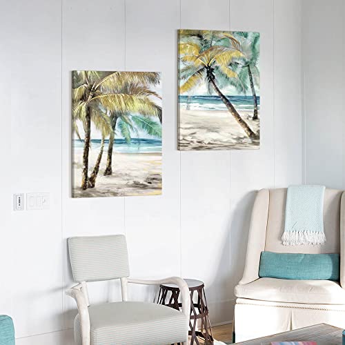 Beach Palm Trees Wall Art: Abstract Coastal Picture Tropical Ocean Scene Artwork Seascape Painting Print on Canvas for Modern Living Room Bathroom Office