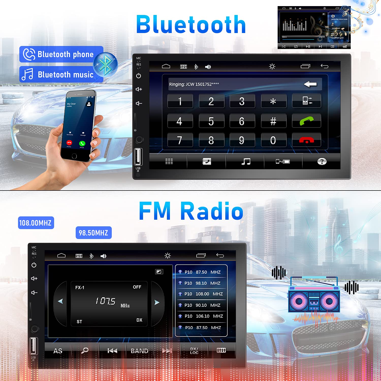 Double Din Car Stereo, in-Dash Car Radio with CarPlay/Android Auto Bluetooth 7 Inch HD Touchscreen Auto Radio with Backup Camera, FM/Mirror Link//TF/AUX/USB/Multimedia MP5 Player