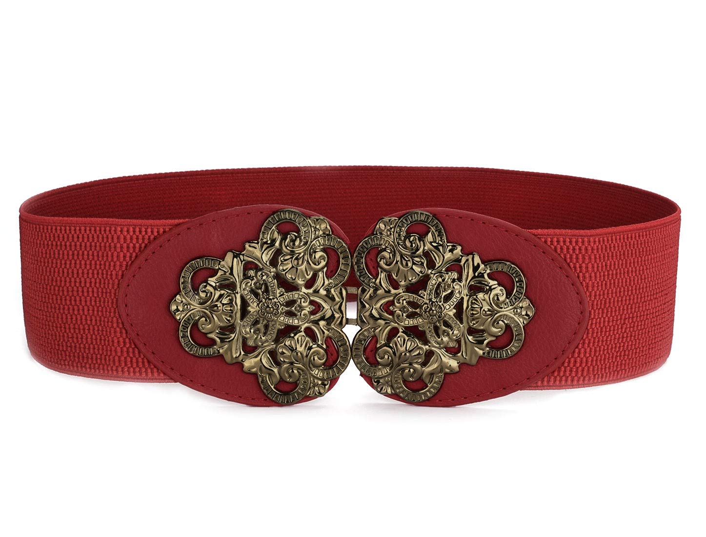Allegra K Ladies Metal Symmetric Flower Interlock Buckle Textured Elastic Cinch Belt Red-1 Buckle-2