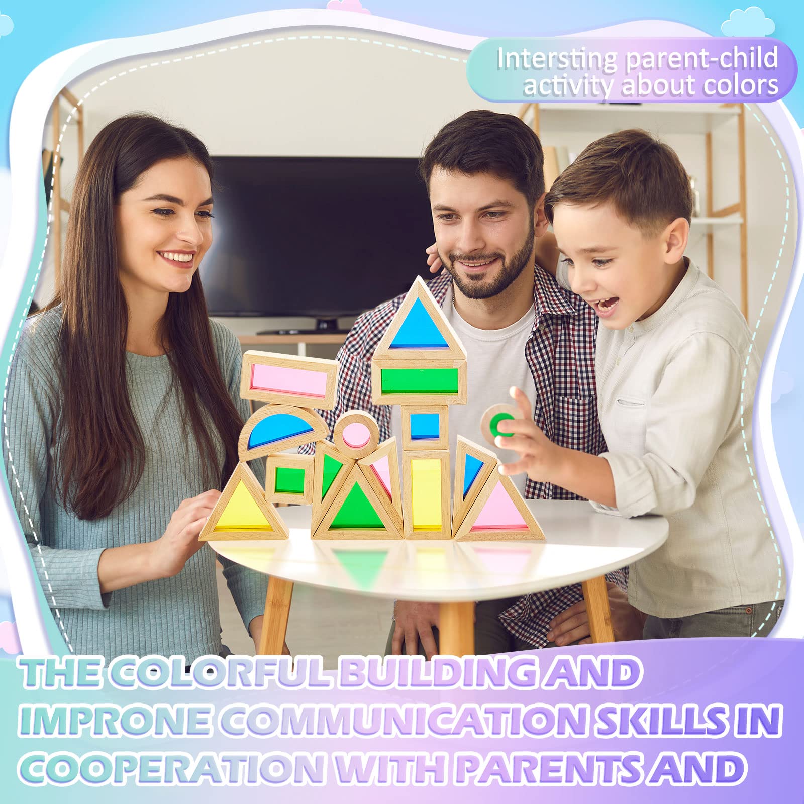 48 Pcs Wood Building Blocks Rainbow Geometry Wooden Blocks Construction Colorful Sensory Stacking Blocks for Toddlers Baby Kids Play Montessori Preschool Table Game Learning Educational Activity