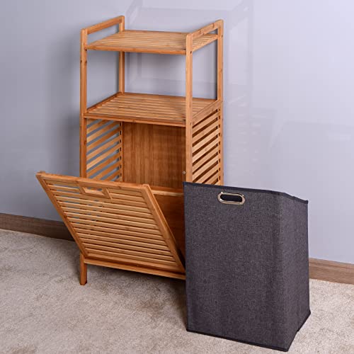 Bamboo Tilt-Out Laundry Hamper Cabinet Free-Standing Ventilated Dirty Clothes Organizer with 2-Tier Storage Shelf & Removable Fabric Bin for Bathroom, Bedroom, Living Room