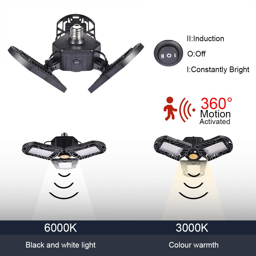 60W Deformable LED Garage Light, Motion Activated Garage Lighting, 6000LM Ceiling Light E26/E27 Factory Industrial Lighting, Cold White 6000K Light IP65 For Garage, Warehouse, Workshop