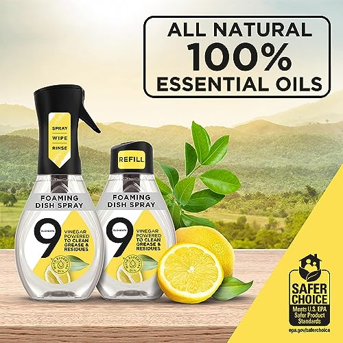 9 Elements Natural Dish Soap, Dishwashing Liquid with Lemon Essential Oils, Made with the Power of Vinegar, 1 Dish Spray Starter Kit & 3 Refills (64 oz Total)
