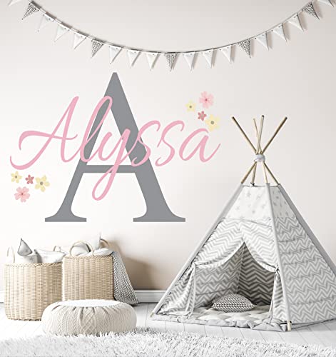 CuteDecals Custom Name and Initial with Flowers Wall Decal - Personalized & Art Mural Girls Decor Stickers for Nursery Bedroom Decoration (Mini Wide 16 inchx10 inch Height)