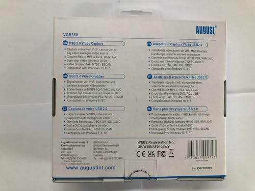 USB Video Capture Card Grabber - August VGB350 - Transfer VHS Mini DV Hi8 DVD to Computer for Windows 11,10,8,7, Composite S-Video, PAL/NTSC/SECAM, Convert Video from VCR & Camcorder