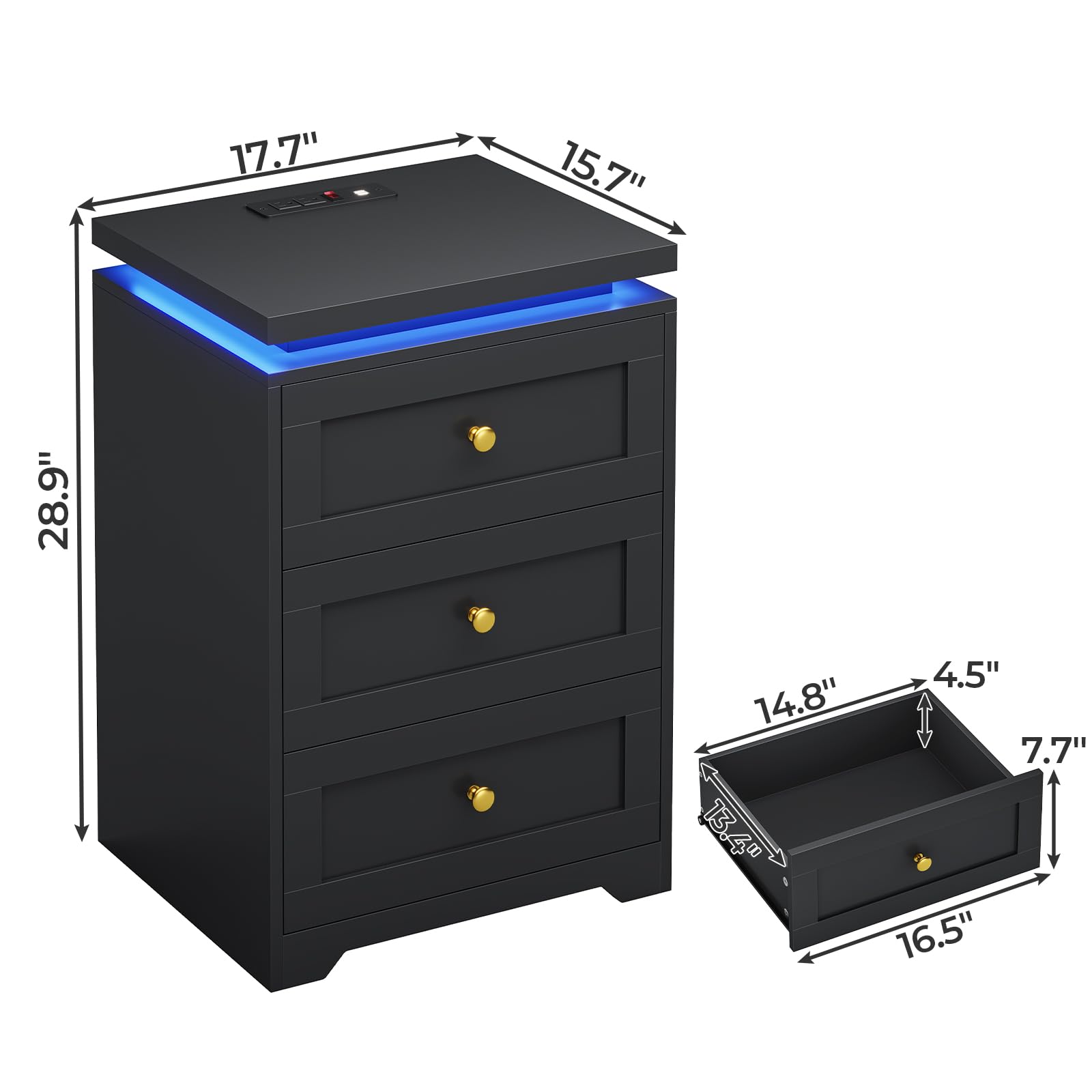 AOGLLATI Black Night Stand Set of 2, Nightstand Set 2 with Charging Station & 3 Drawers, Modern Bedside Table with LED Lights, Wooden LED End Side Tables for Bedroom, Unique Top Design