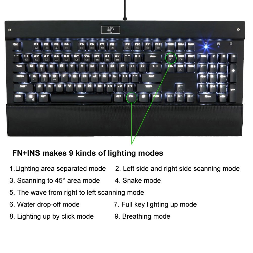 HUO JI E-Element MechanicalEagle Z-77 White LED Backlit Gaming Keyboard, 104 Keys Anti-Ghosting, with Blue Switches, Wrist Rest (Black)