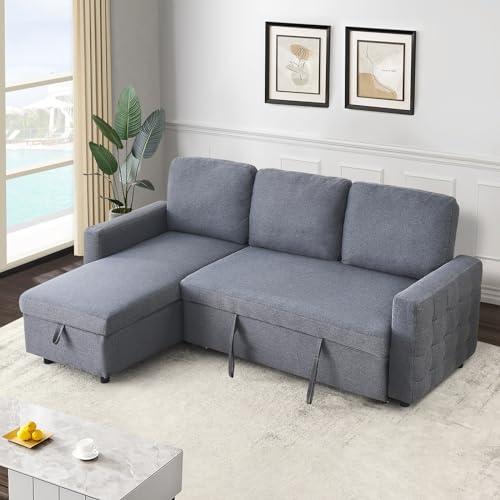 Antetek Reversible Sectional Sofa Couch with Pull-Out Bed, Modern Linen L-Shaped Sleeper Sofa Bed with Storage Chaise, Furniture Set for Living Room, Small Space, Office, Dark Grey