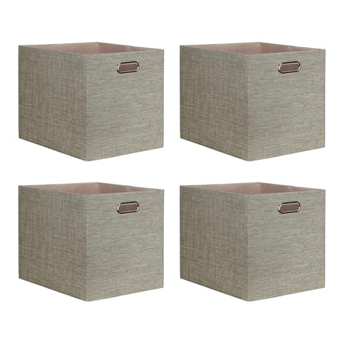 ArcaGuru 13x15x13 Storage Cube Bins, Linen Foldable Fabric Storage Cubes, Storage Cubes Baskets Box with Handles for Shelves, Closet, Wardrobe, Bookcase, Bedroom, 4 Pack, Coffee