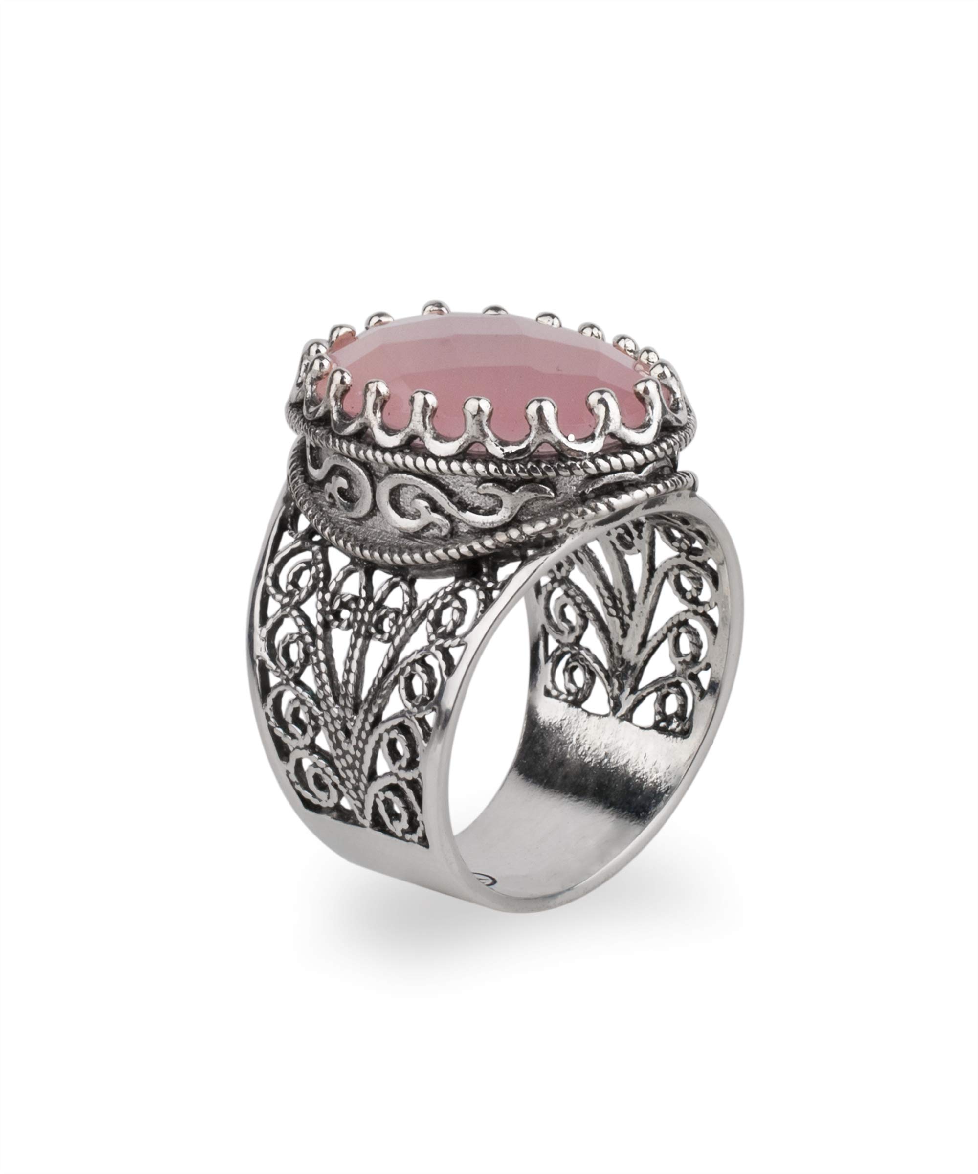 925 Sterling Silver Pink Agate Oval Filigree Ring (Size 6-11) (6)