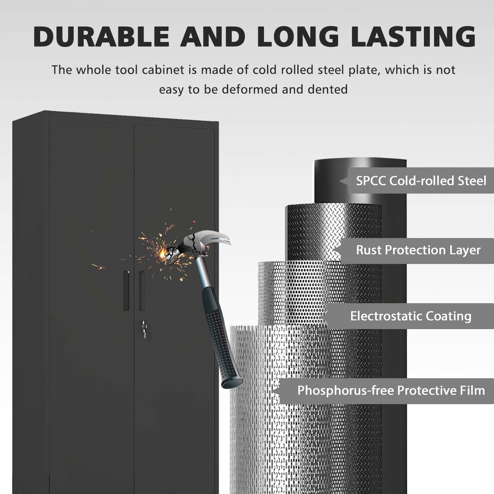 72" Metal Steel Heavy Duty Storage Cabinet with Locking Door, 4 Adjustable Shelves, Horizontally Adjustable Feet, Tool Cabinet for Garage, Home, Classroom/Office and Kitchen (Black)