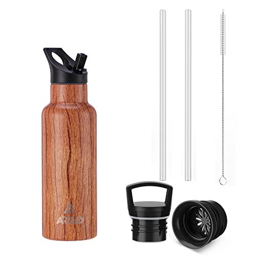 Arslo Insulated Stainless Steel Water Bottles, Double Wall Water Bottle With Straw, Vacuum Insulated Bottle Keep Cold 24 Hours, Wood Grain
