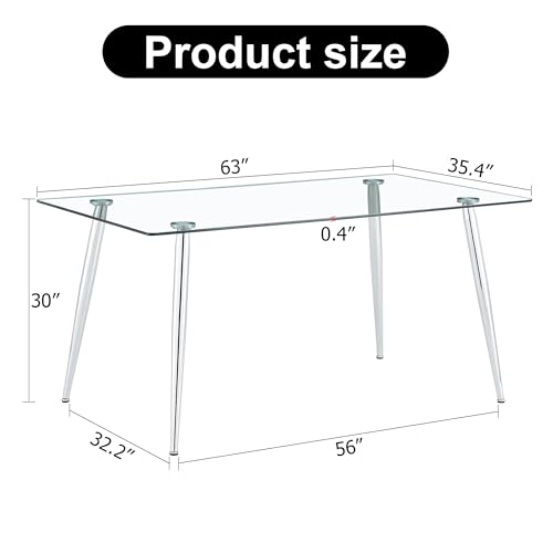 63 Inch Rectangle Dining Table,Modern Kitchen Table with Tempered Glass Tabletop and Metal Legs,Dining Room Table Dinner Table for Dining Room, Kitchen