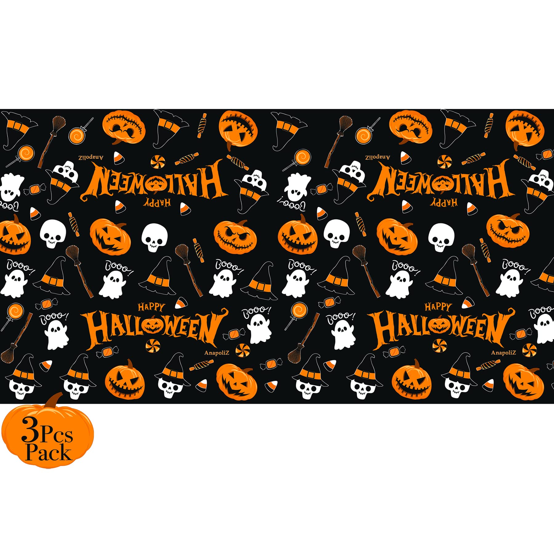 AnapoliZ Halloween Plastic Tablecloth | 3 Pcs Pack (54” Inch Wide x 102” Inch Long) | Halloween Rectangular Table Cover | Pumpkin, Witches Table Decoration | Halloween Party Decorations Tablecover