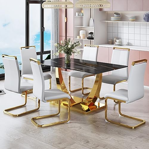 63" Glass Dining Table for 4-6, Rectangular Dining Room Table with 0.39'' Black Imitation Marble Tempered Glass Tabletop, U-Shaped Plated Metal Base Dining Table for Dining Room Kitchen