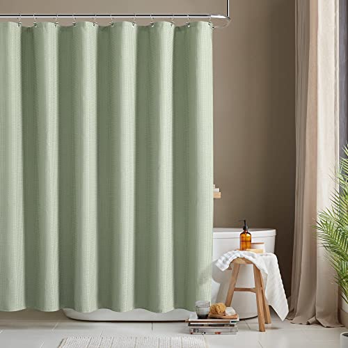 GERGELLA Sage Green Shower Curtain - Waffle Heavy Duty Fabric Shower Curtains for Bathroom, Showers, Hotel Spa Luxury Weighted Polyester Cloth Bath Curtain Set with 12 Hooks,72Wx72H,Green