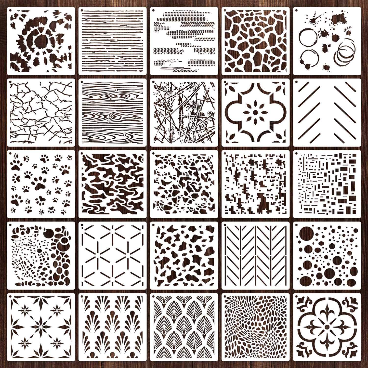 6 Inch Wall Texture Stencils for Painting, 25 Pieces Reusable DIY Modern Wall Stencil Mixed Crackle Marble Background Camo Spray Paint Art Templates for Wood Canvas Paper Floor Tile(Wall)