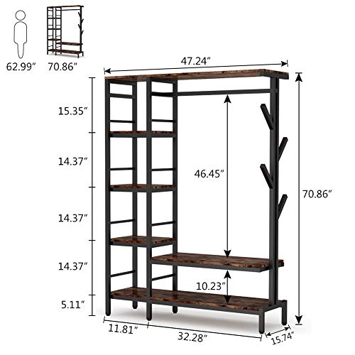 Tribesigns Free-standing Closet Organizer with Hooks, Heavy Duty Clothes Shelf Garment Rack with Shelves and Hanging Rod, Metal Clothing Storage for Bedroom, Capacity 450lb