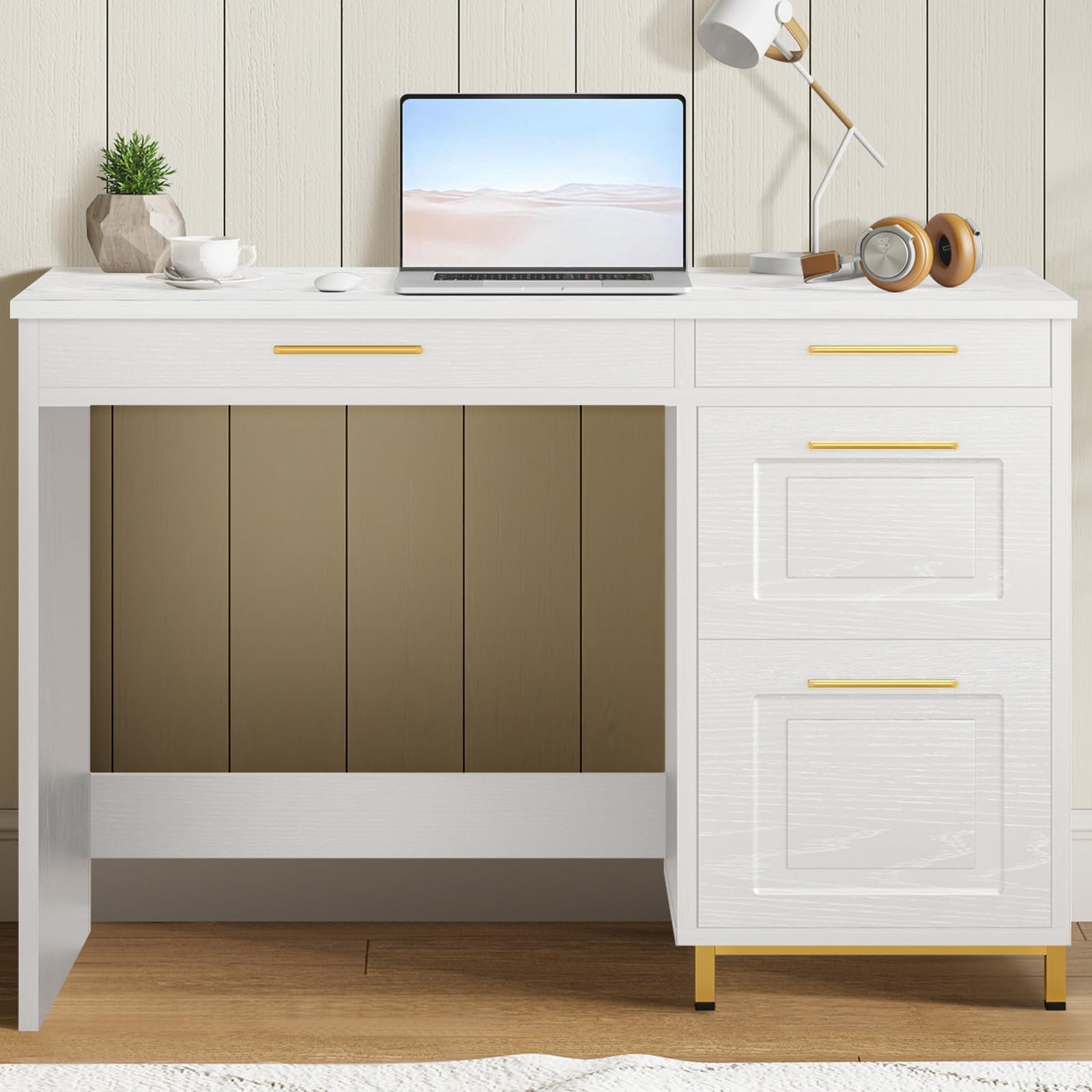 4 EVER WINNER Small Desk with Drawers and Golden Handles, 43" White Desk with Drawers, Wood Writing Study Table with Storage, White and Gold Desk for Small Spaces, White