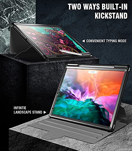 Poetic Explorer Series Designed for iPad Pro 12.9 2020 & 2018 Case, Full Body Triple Layers Tough 360 Degree Stand Folio Cover case with Built-in Screen Protector and Pencil Holder, Black