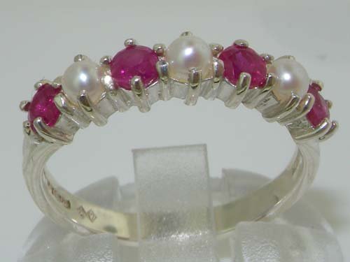 925 Sterling Silver Cultured Pearl & Ruby Womens Anniversary Ring - Size 8