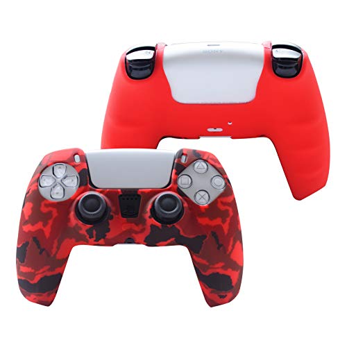 PS5 Controller Grips-Hikfly Silicone Cover for PS5 DualSense Controller Skin,Non-Slip Cover for Playstation 5 Controller- 1 x Skin with 8 x Thumb Grip Caps(Red)