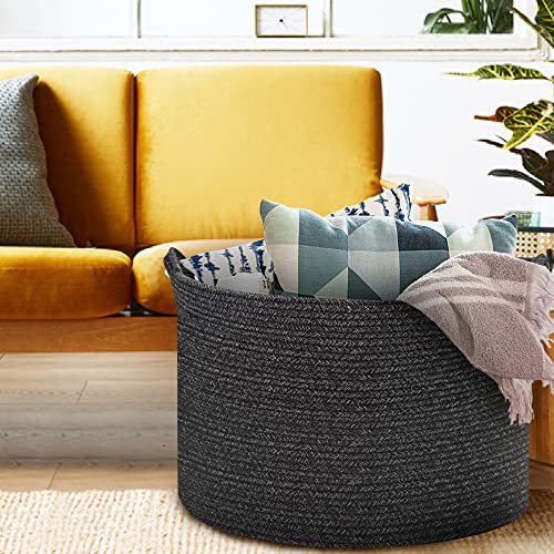 MXMHOME Black Large Blanket Basket Extra Large Woven Rope Baskets for Storage Baskets Bins for Organization Dog Toy Storage Baskets Bins Black Decorative Basket Living Room(23.6"x14.1")
