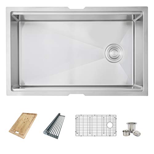 AZUNI 30 inch x 19 inch Single Bowl Undermount 16G Reversible Kitchen Ledge Workstation Sink with Grid, Luxury Basket Strainer, Drying Rack and Bamboo Cutting Board, C131L