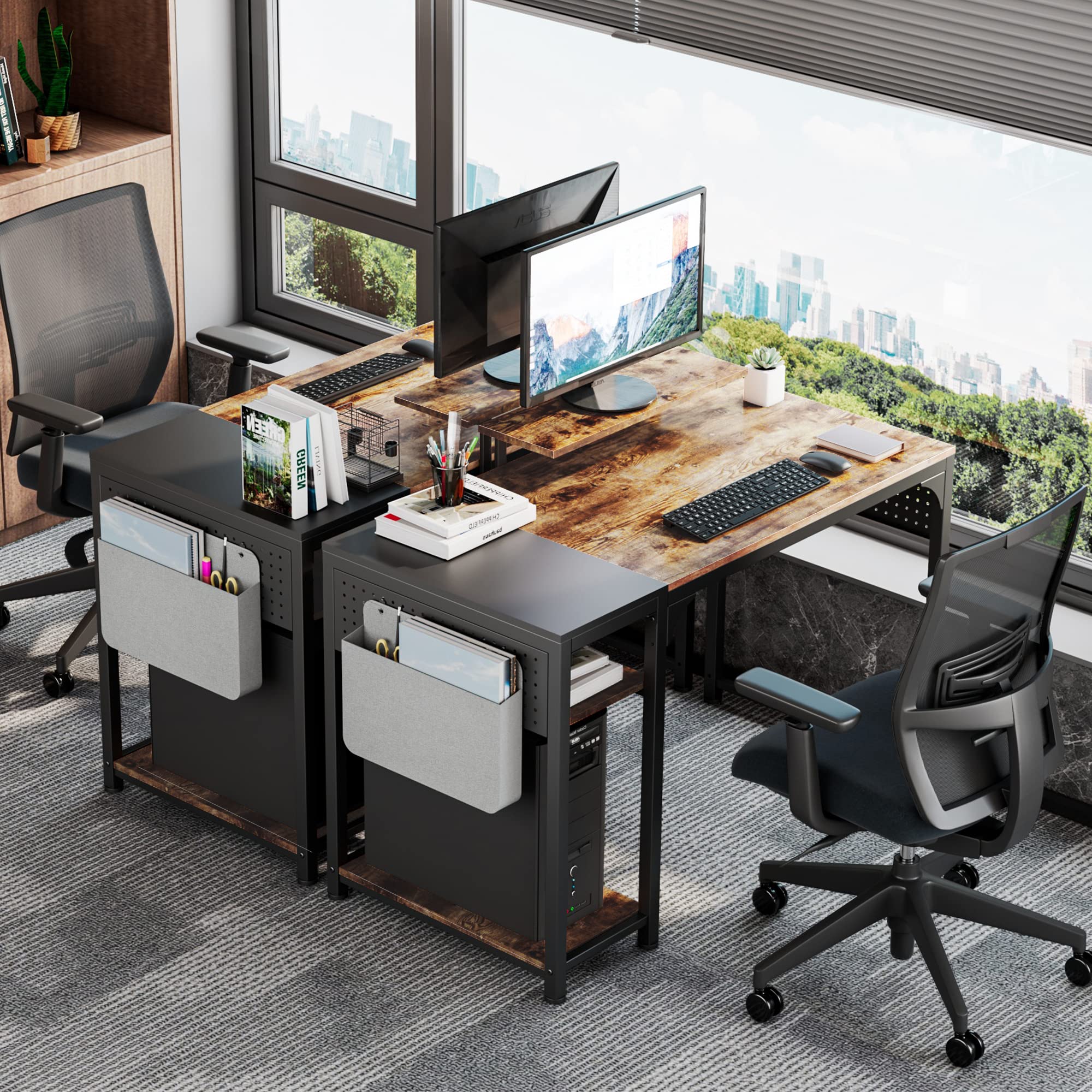 DESIGNA 55 Inch Home Office Computer Desk with Monitor Stand Storage Shelves, Study Writing Moder PC Computer Gaming Desk Large Workstation with 2 Hooks & Storage Bag, Reclaimed Wood/Black