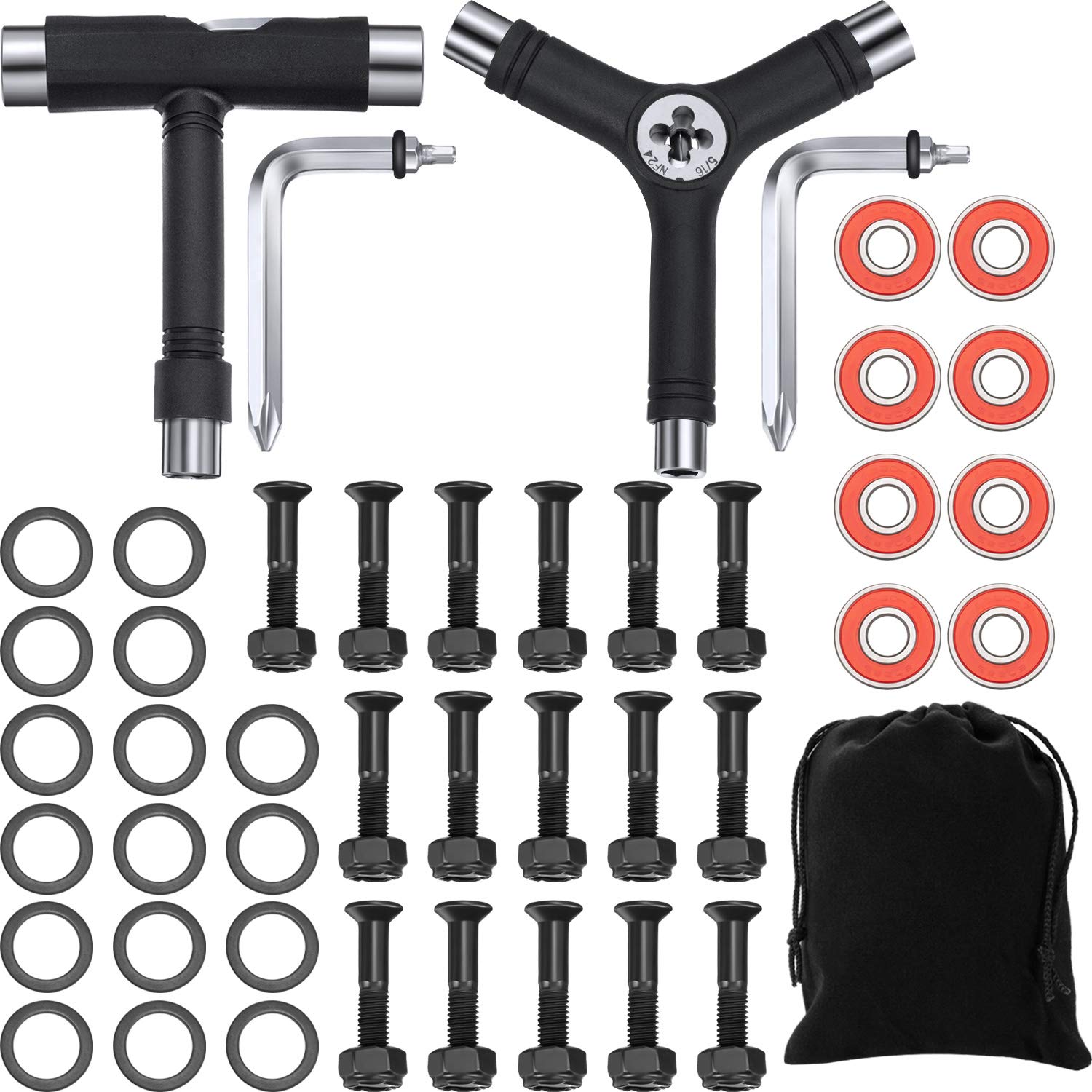 45 Pieces Multifunctional Skateboard Tools T Skate Tool and Y Skateboard Tool with Skateboard Bearings, Nuts and Mounting Bolts, Washers for Most Skateboards and Long Boards