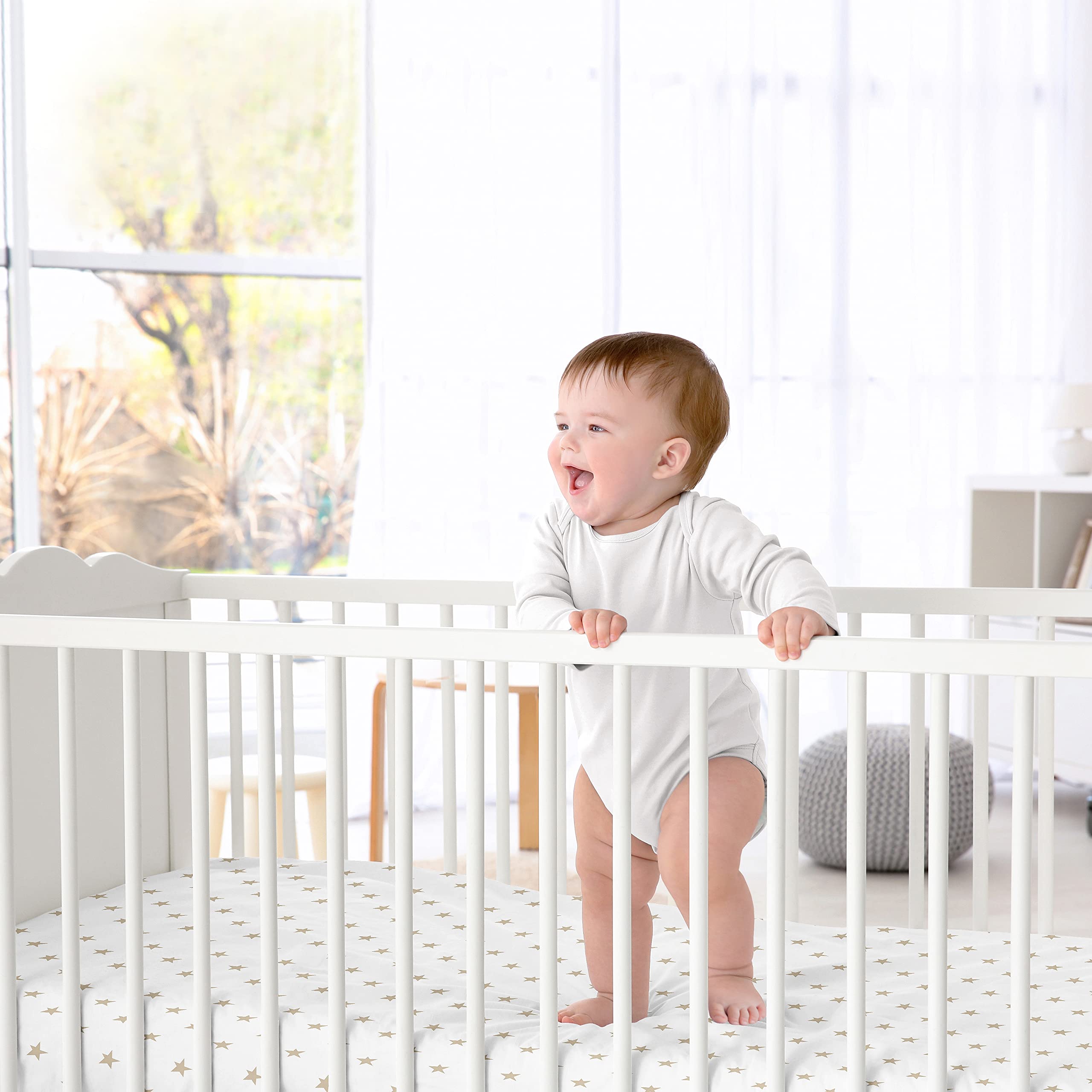 Gold and White Star Baby or Toddler Fitted Crib Sheet for Celestial Collection by Sweet Jojo Designs