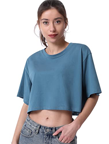 Cosy Pyro 4-Pack Women's Cotton Crop T-Shirts Short Sleeve Solid Cropped Athletic Top Round Neck Casual Workout Yoga Tees Black/White/Gray/Navy M