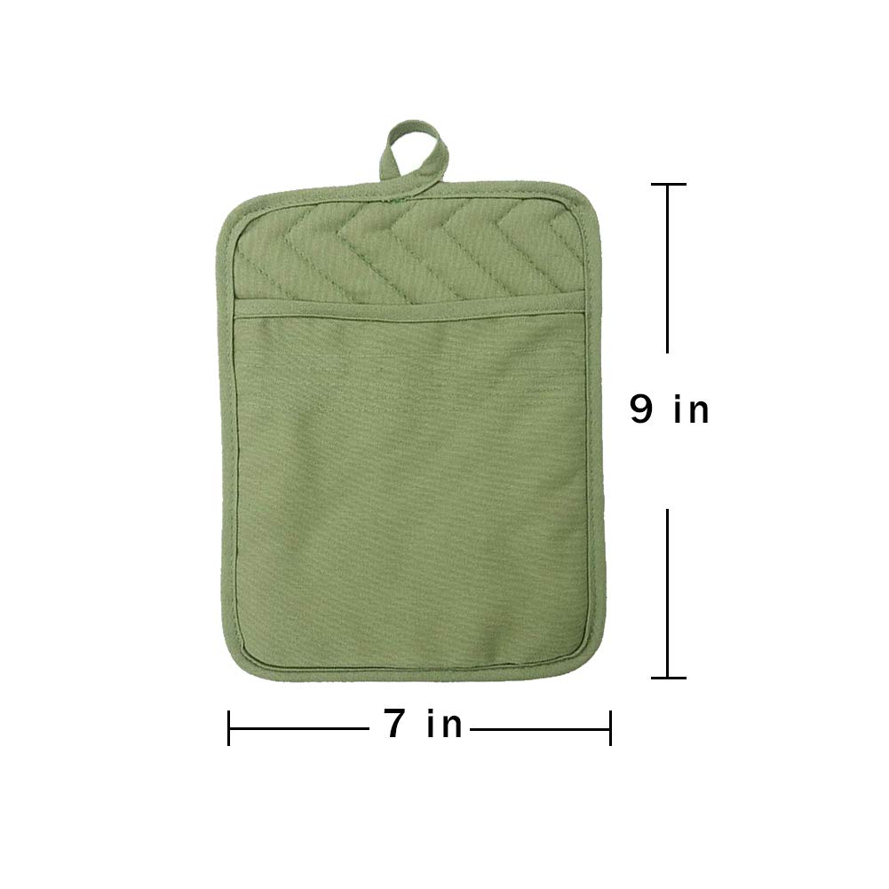 Anyi Pot Holders for Kitchen Heat Resistant, Cotton Hot Pads for Kitchen Counter Table, Green Kitchen Pot Holders with Pocket